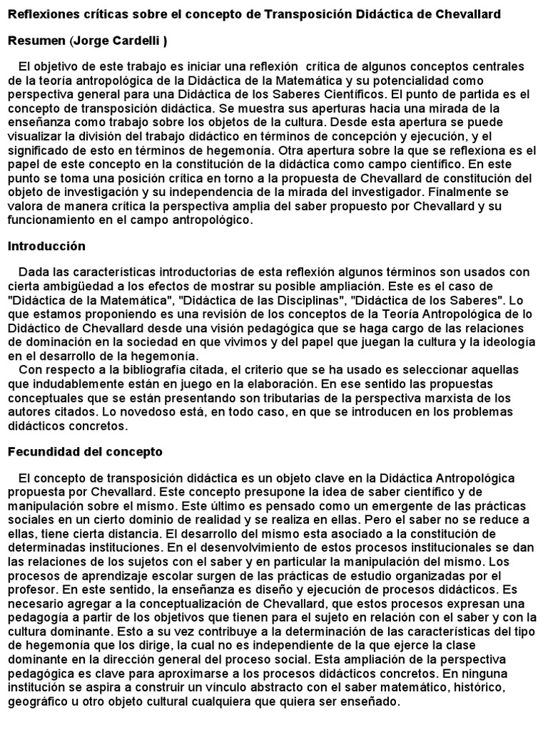 Reflexiones Críticas Sobre El Concepto de Transposición Didáctica de ...