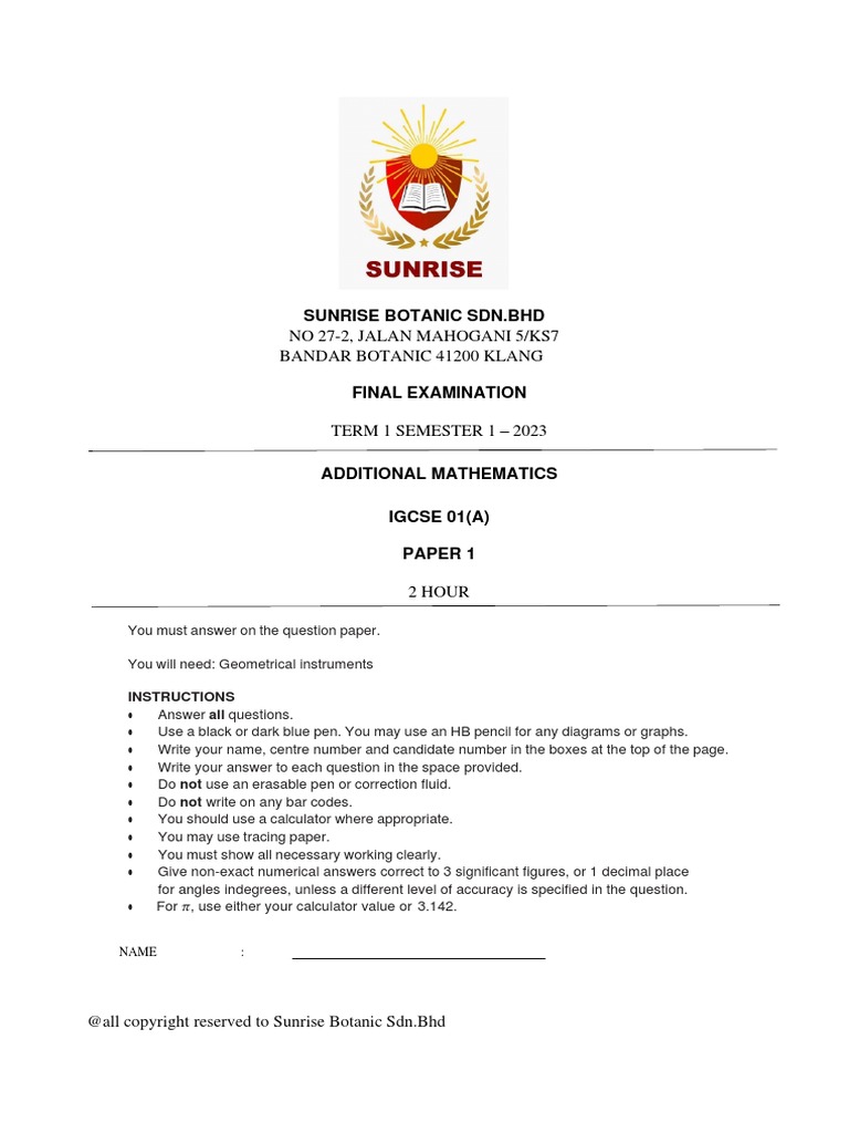 Ig 1 (A) Addmath s1t1 2023 - p1 | PDF | Mathematics | Geometry