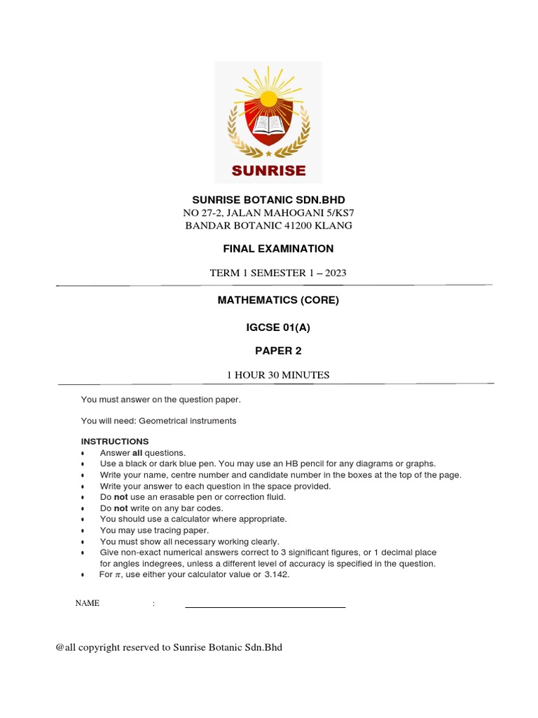 IG 1 (A) Math (Core) S1T1 2023 - P2 | PDF | Area | Elementary Mathematics