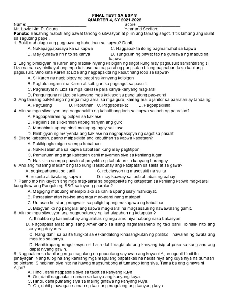 Diagnostic Test Sa Esp 8 | PDF