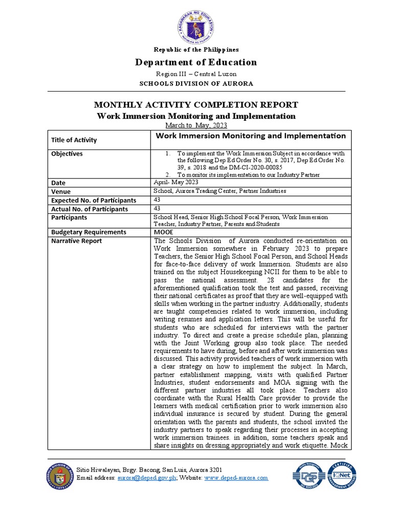 Work Immersion Accomplishment Report Monitoring | PDF | Teachers | Learning