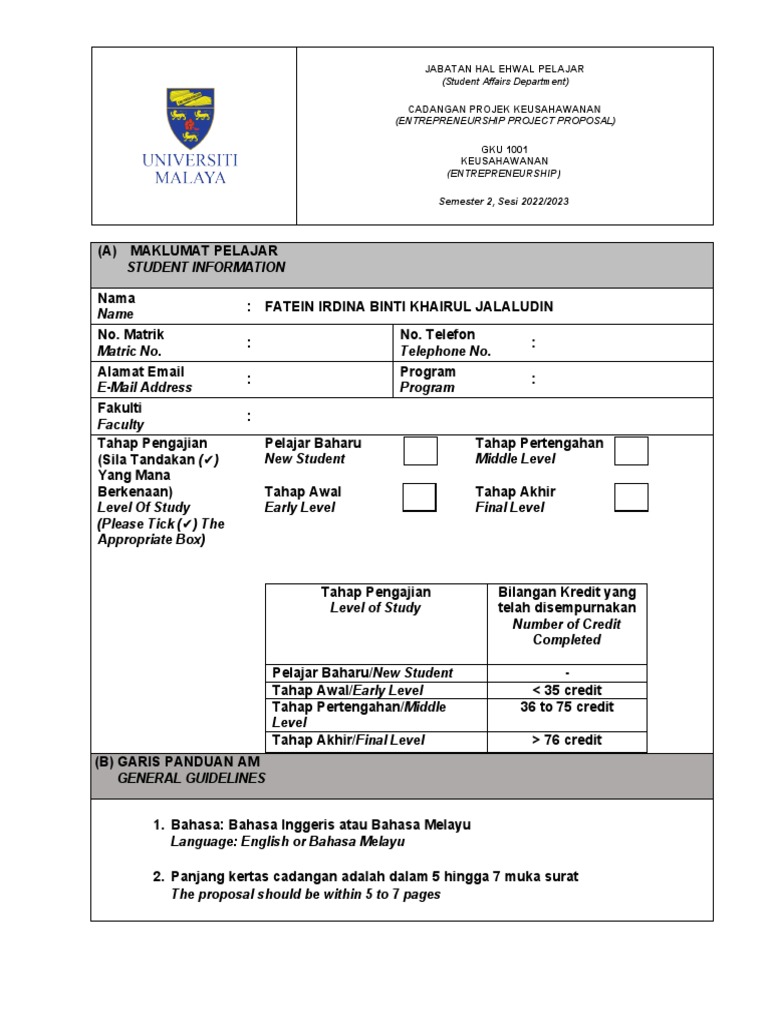 Proposal Template Entrepreneurship SEM 2 SESI 20222023 (Repaired) | PDF