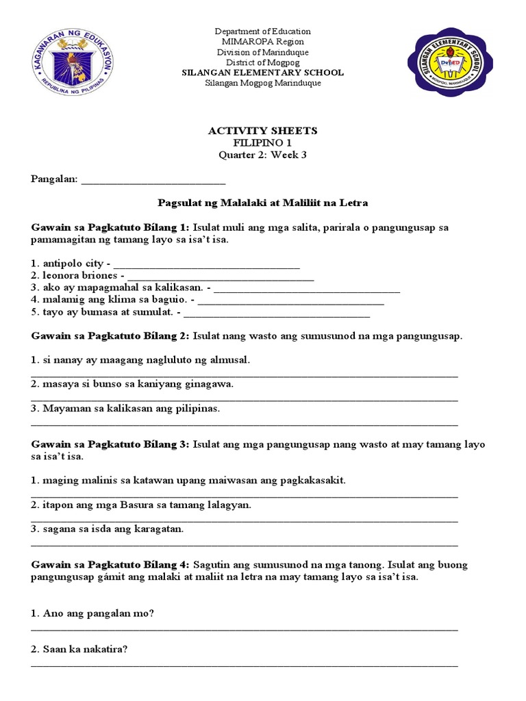 FILIPINO 1 Activity Sheet Q2 W3 | PDF