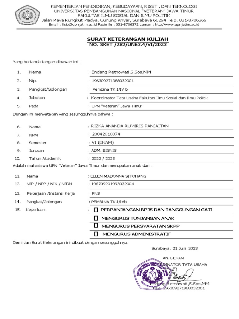 Surat Keterangan Kuliah UPN Jatim | PDF