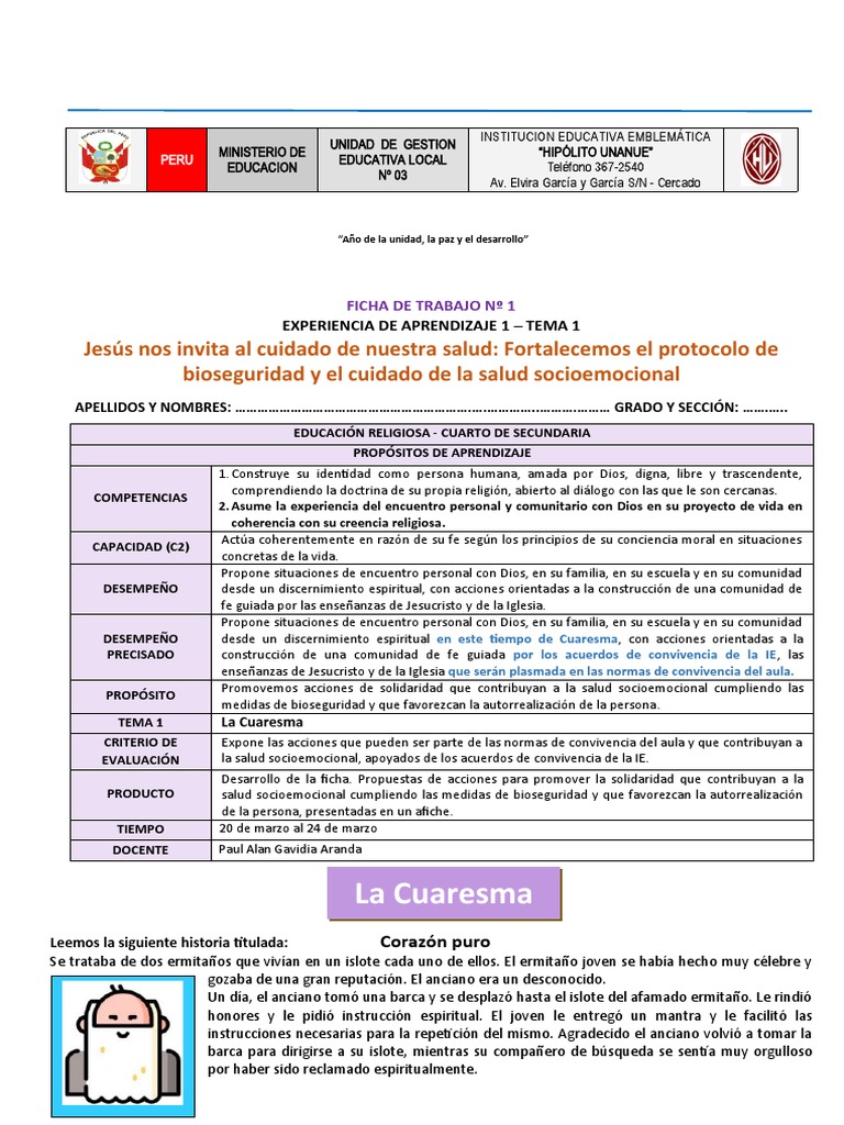Ficha Nº 1.4to.EdA 1.Tema 1.HU.2023 (La cuaresma) | PDF | Oración | Jesús