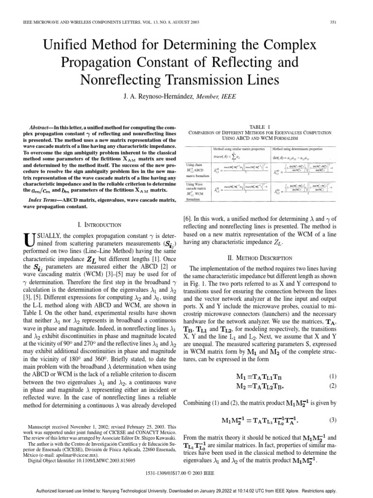 2003 Unified Method For Determining The Complex Propagation Constant Of Reflecting And