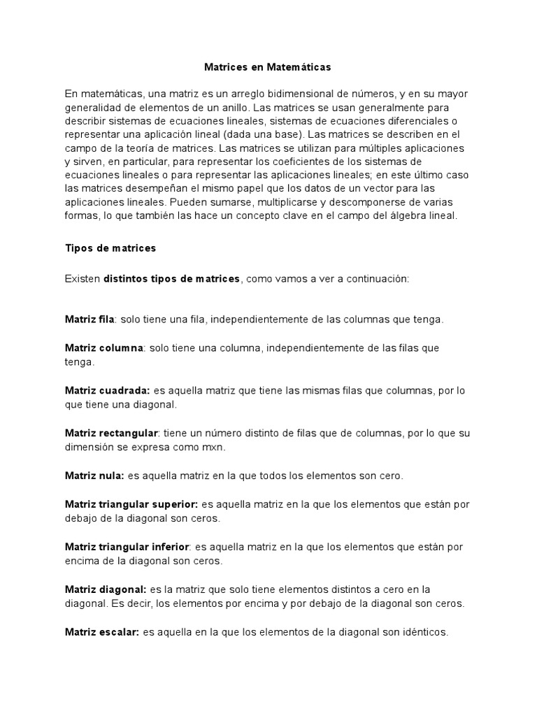 Matrices en Matemáticas | PDF | Matriz (Matemáticas) | Linealidad