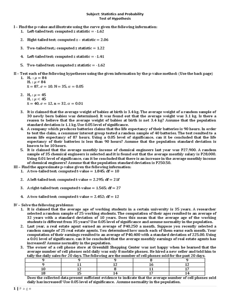 Hypothesis Testing Worksheet | PDF | P Value | Statistical Significance