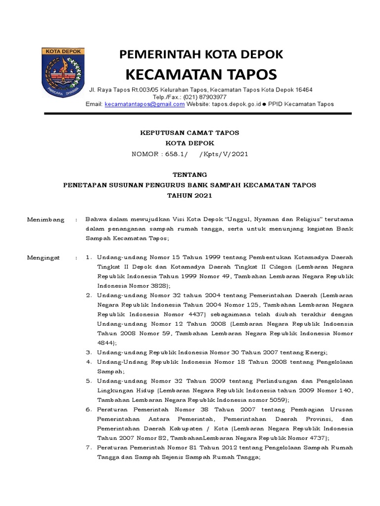 Susunan Pengurus Bank Sampah Tapos 2021 | PDF