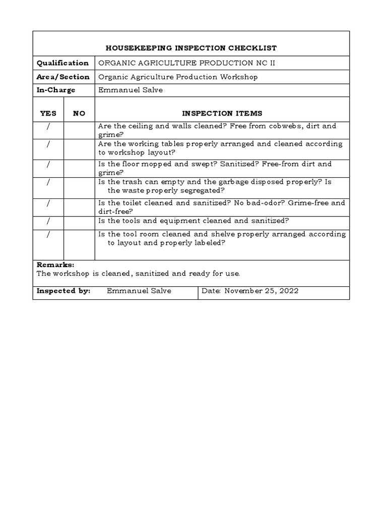 Housekeeping Inspection Checklist | PDF