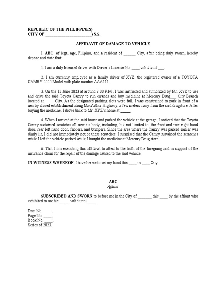 Affidavit of Damage To Vehicle | PDF | Law