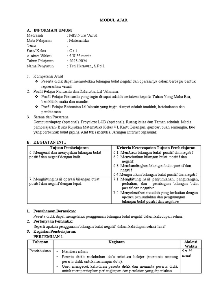 Modul Ajar MTK Bilangan Bulat Positif Negatif | PDF
