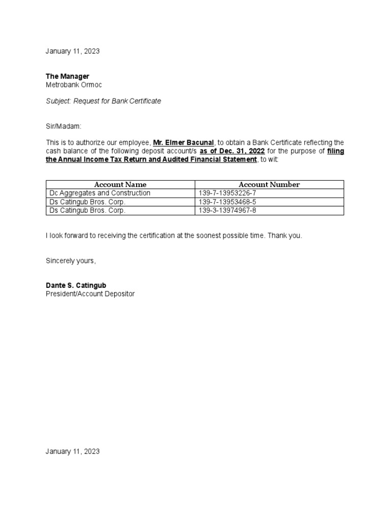 Request For Bank Certificate | PDF