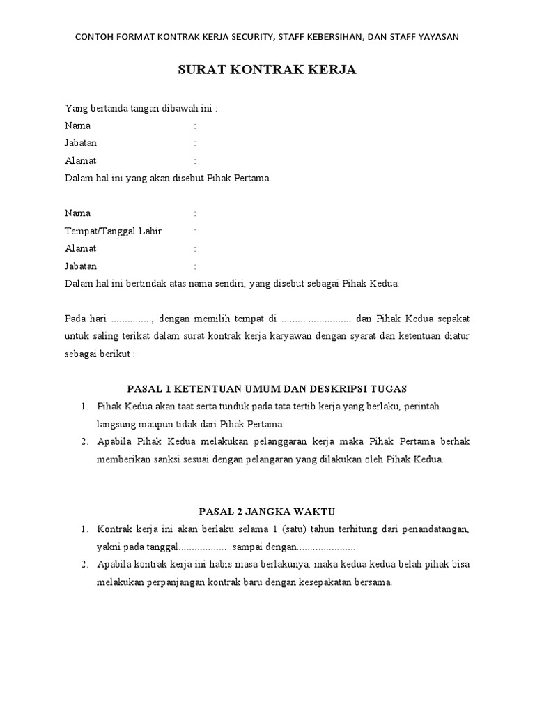 Format Kontrak Kerja Untuk Security, Petugas kebersihan, dan Pengurus ...