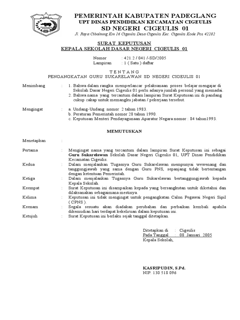 Pemerintah Kabupaten Padeglang SD Negeri Cigeulis 01: Surat Keputusan ...