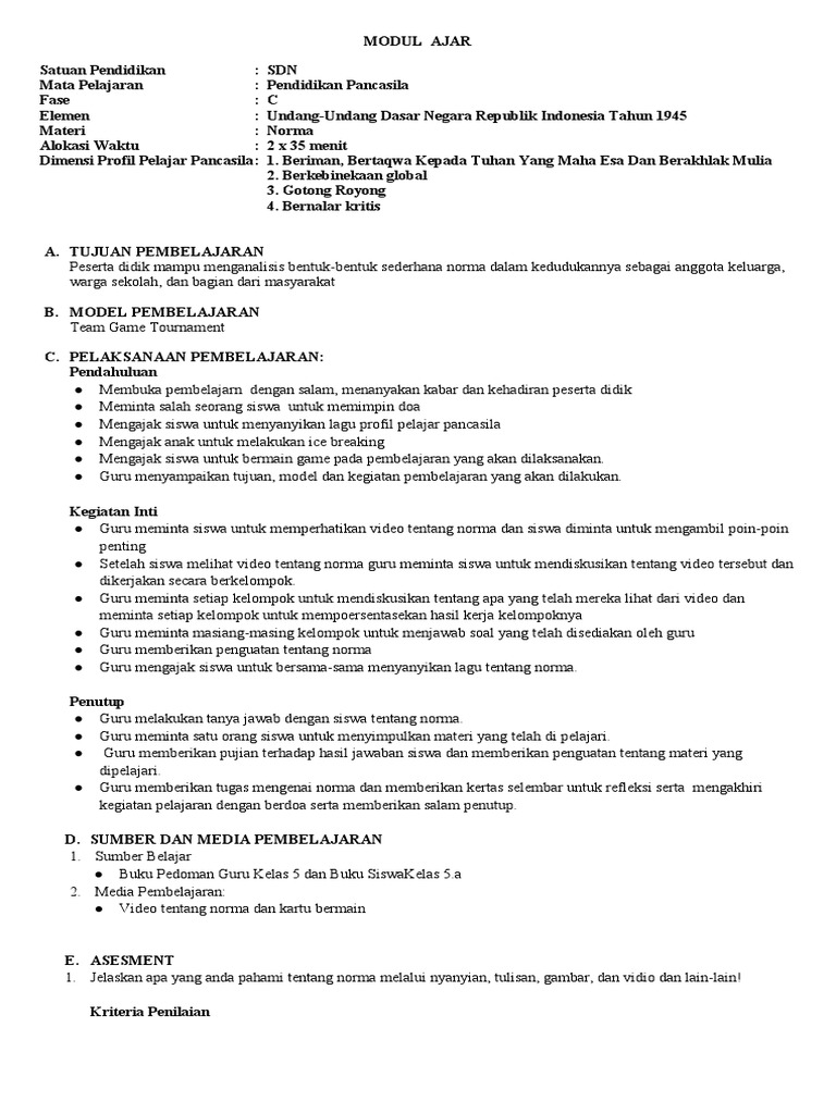 Modul Ajar Fase C Mata Pelajaran PKN Materi Norma | PDF