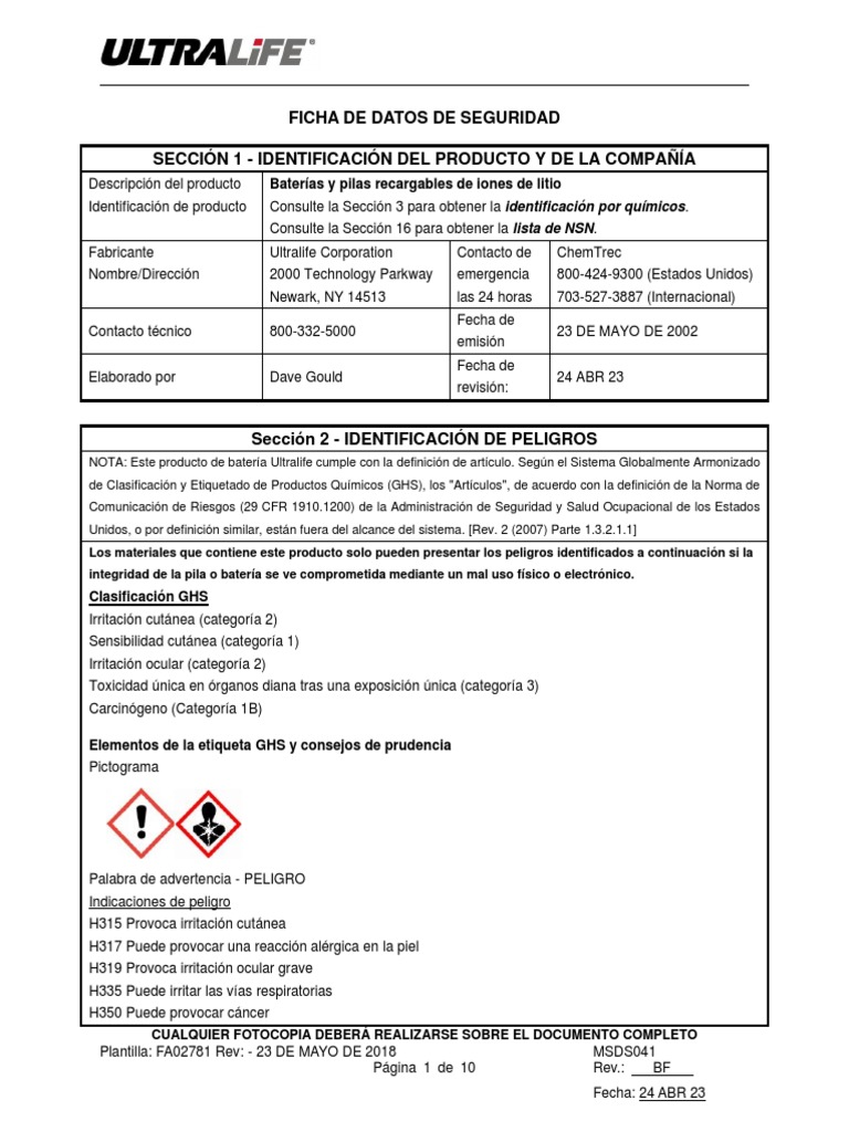 SDS_Li-Ion_Spanish_Latin_American | PDF | Agua | Cobalto