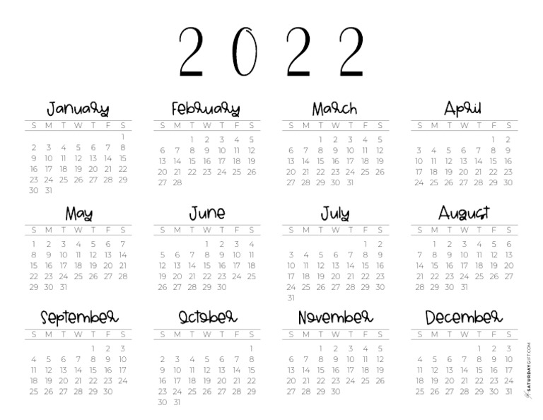 2022 Yearly Calendar Free Simple Minimal 2022 Calendar Printable Sunday ...