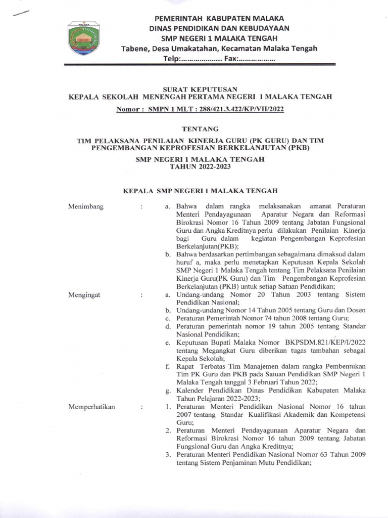 Sk-Tim-Pkb-Pkg-2022-2023 SMPN 1 Malteng | PDF