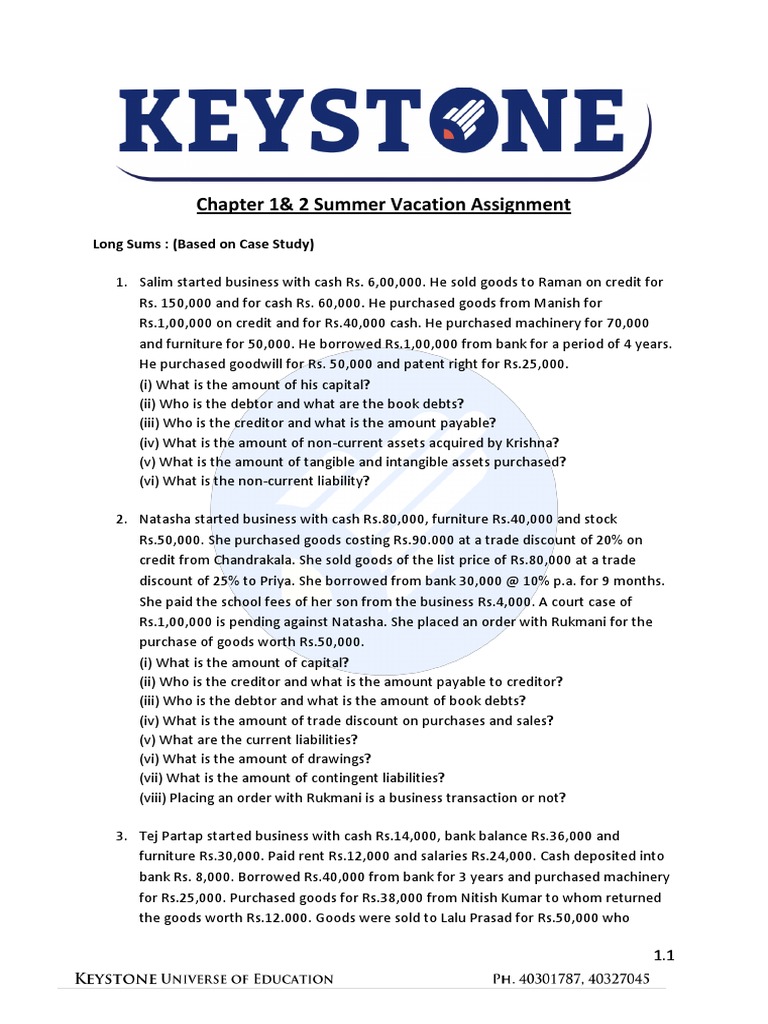 11th Acc. CH - 1 &2, Summer Vacation Assignment | PDF