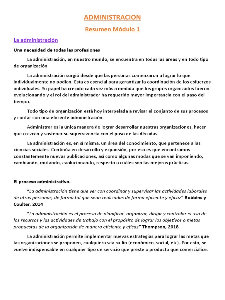 ADMINISTRACION Resumen M1 Gino | PDF