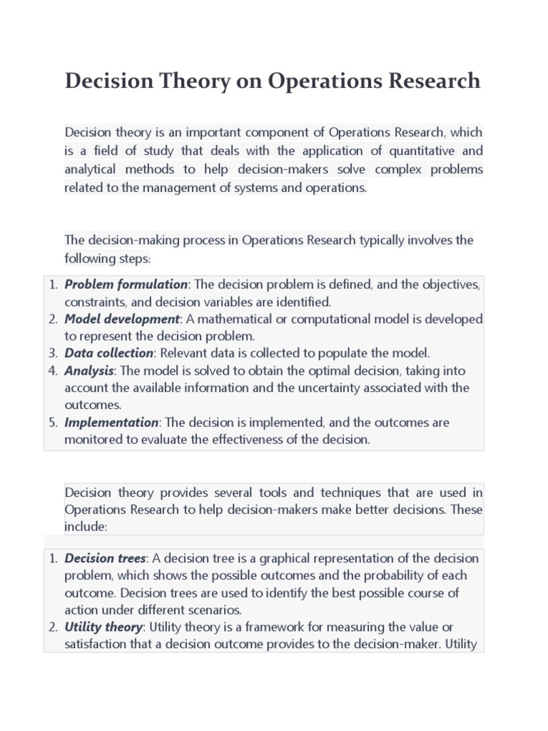 Decision Theory in Operations Research | PDF | Decision Making ...