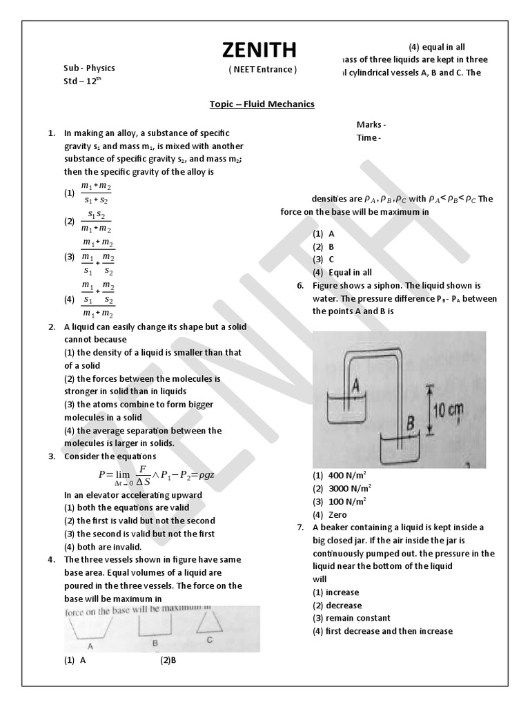 Fluid Mechanics (NEET) | PDF | Density | Buoyancy