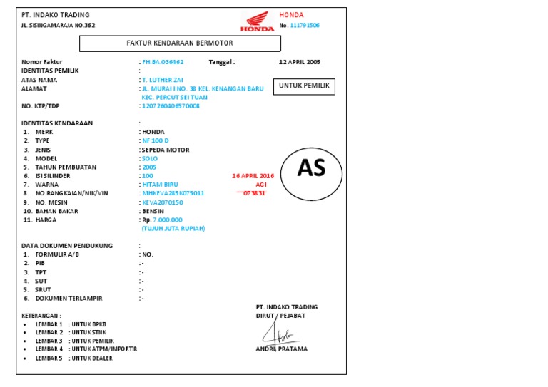 FH - BA.036462 T. Luther Zai Jl. Murai I No. 38 Kel. Kenangan Baru Kec. Percut Sei Tuan ...