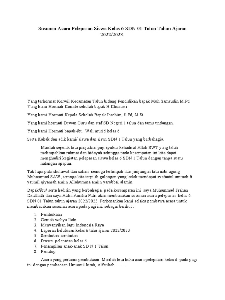 Susunan Acara Pelepasan Siswa Kelas 6 SDN 01 Talun Tahun Ajaran 2022 | PDF