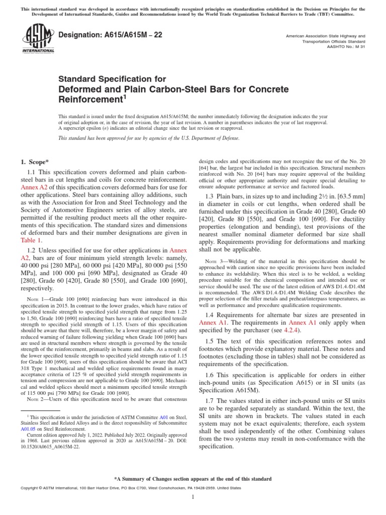 Standard Specification For Deformed and Plain Carbon-Steel Bars For Concrete Reinforcement | PDF ...