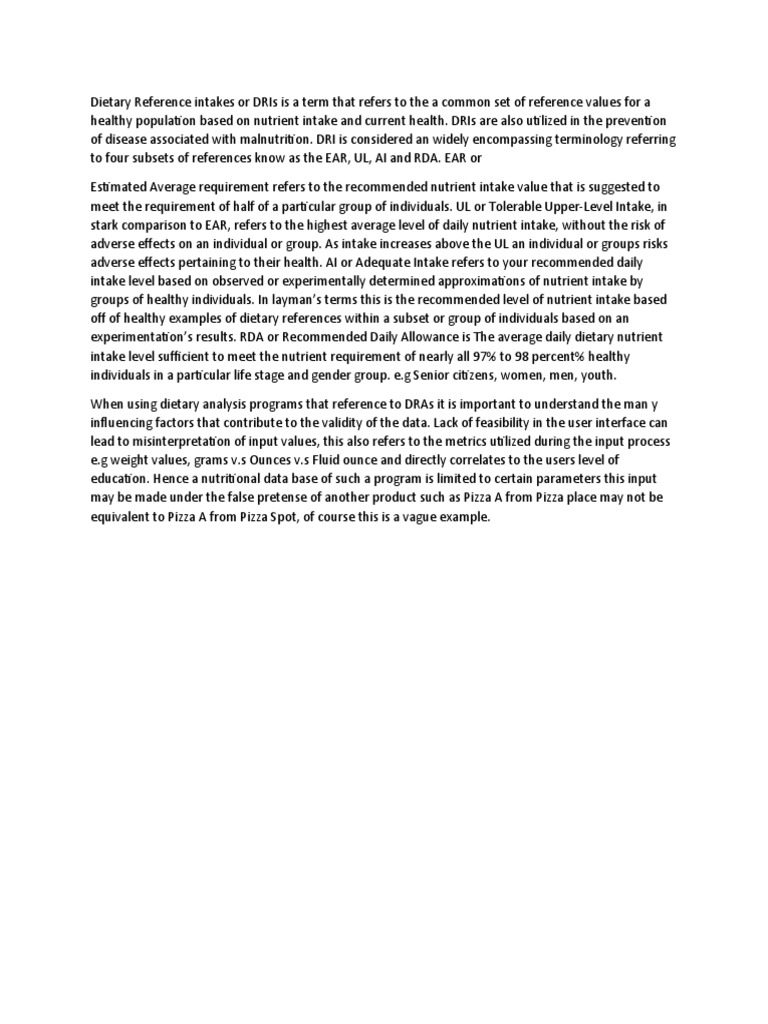 Dietary Reference Intakes or DRIs Is A Term That Refers To The A Common ...