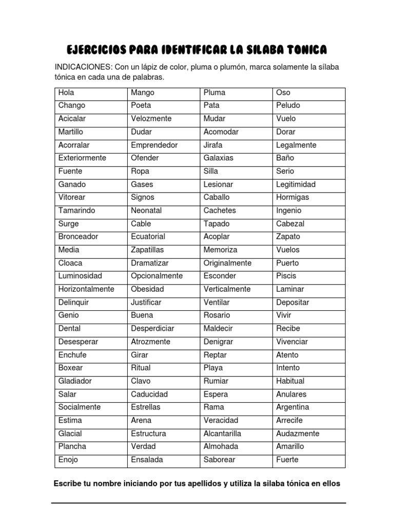 Ejercicios para Identificar La Silaba Tonica | PDF
