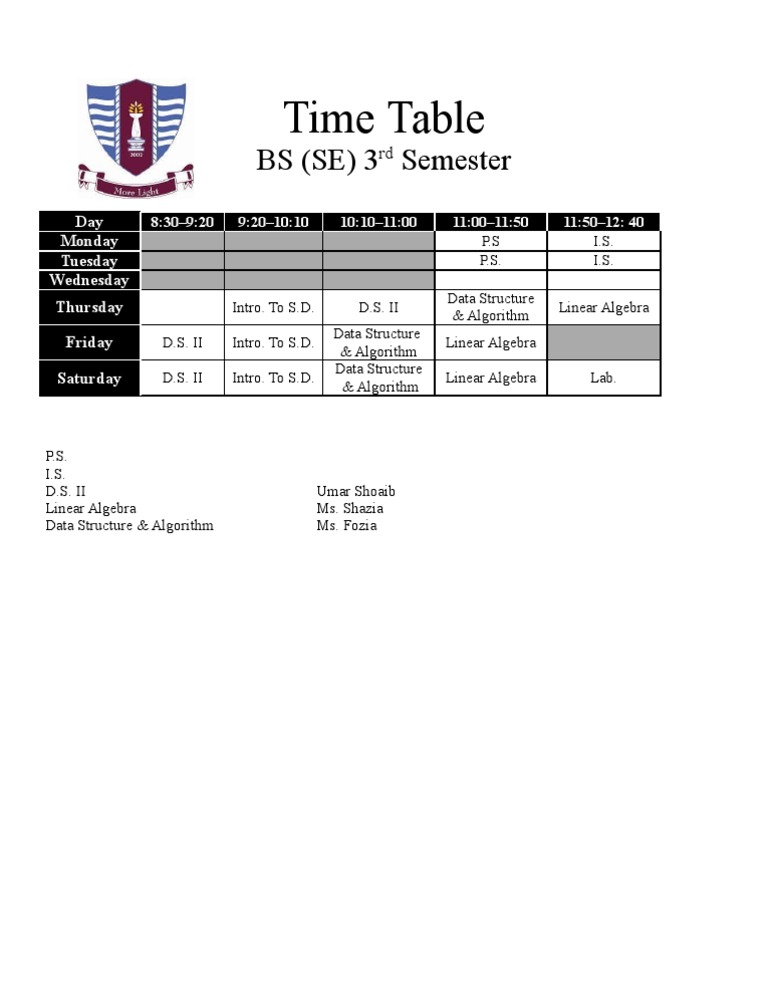 BS (SE) 3rd Semester Time Table | PDF