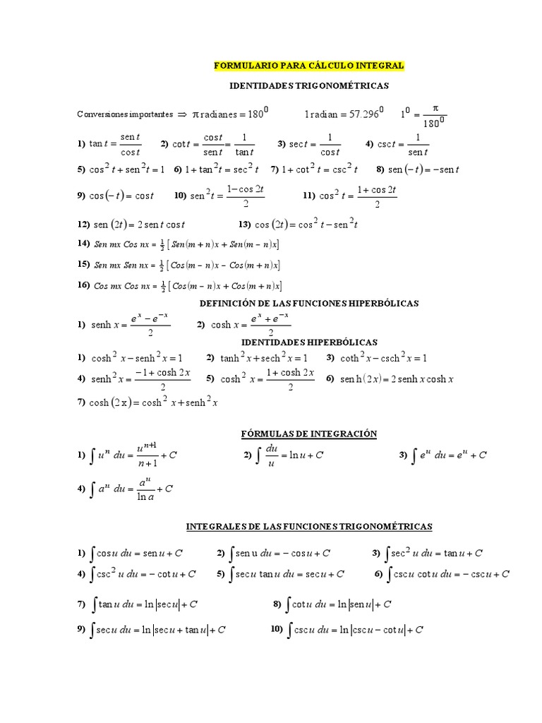 Formulario Cálculo Integral | PDF
