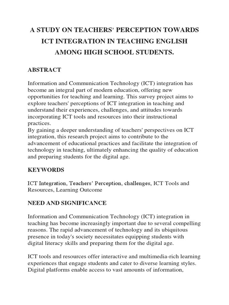 A Study On Teachers' Perception of Ict Integration in Teaching English Among High School ...
