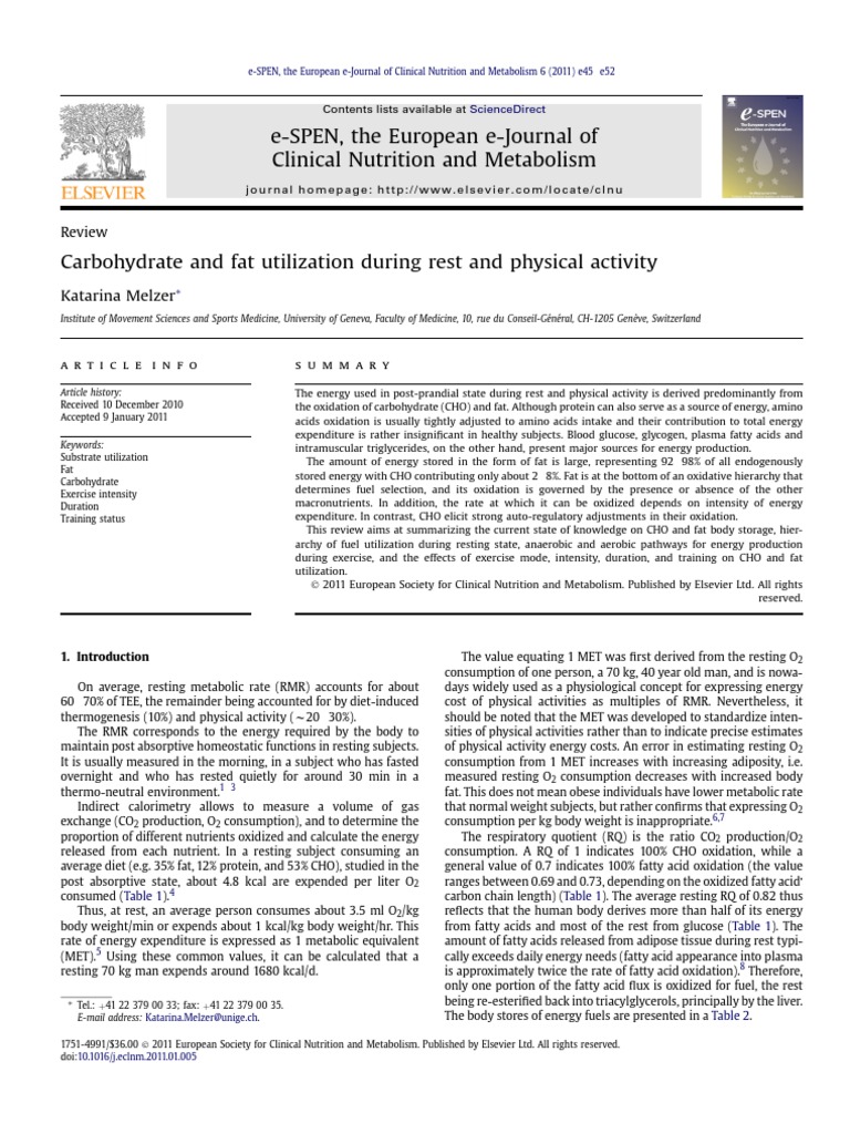 Carbohydrate and Fat Utilization During Rest and Physical Activity ...