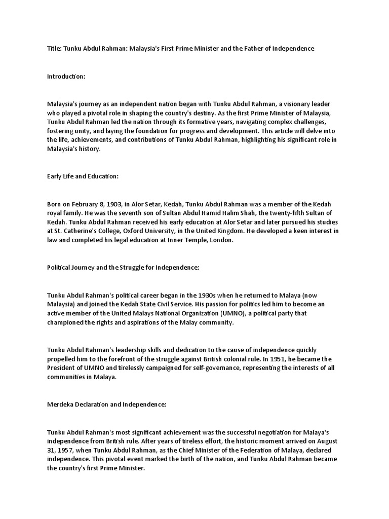 Tunku Abdul Rahman - Malaysia's First Prime Minister and the Father of ...