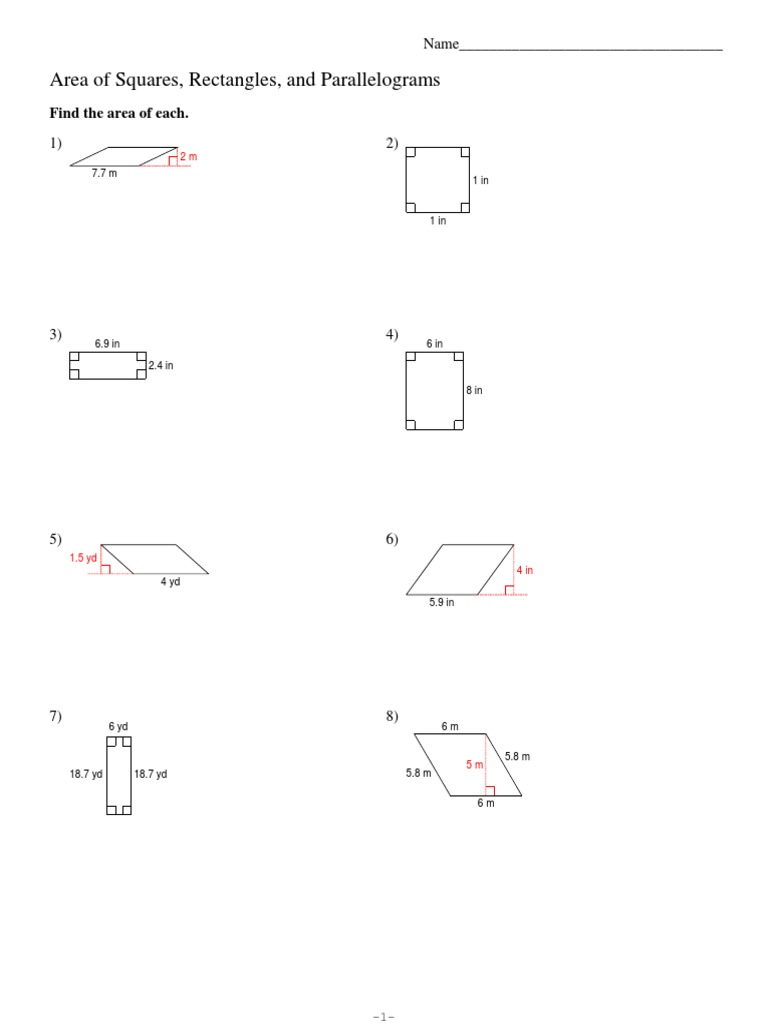 Area of Squares Rectangles, Parallelograms and Trapezoids ST | PDF ...