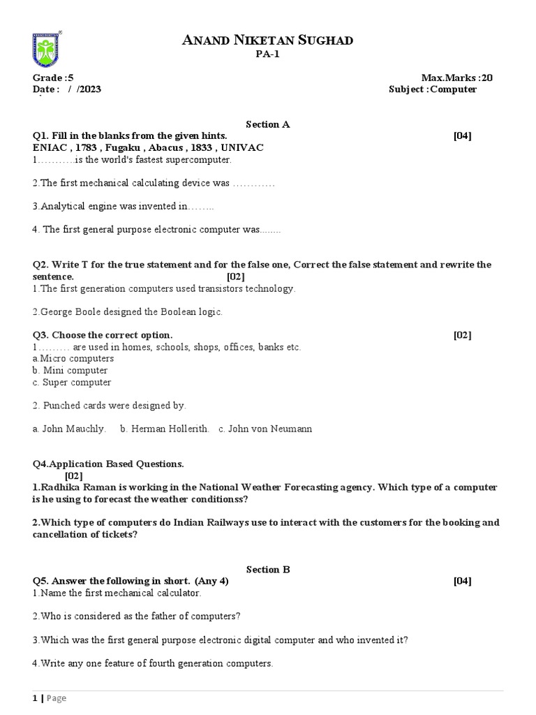 Grade5 PA1 Computer 2023-24 | PDF | Games & Activities | Computers