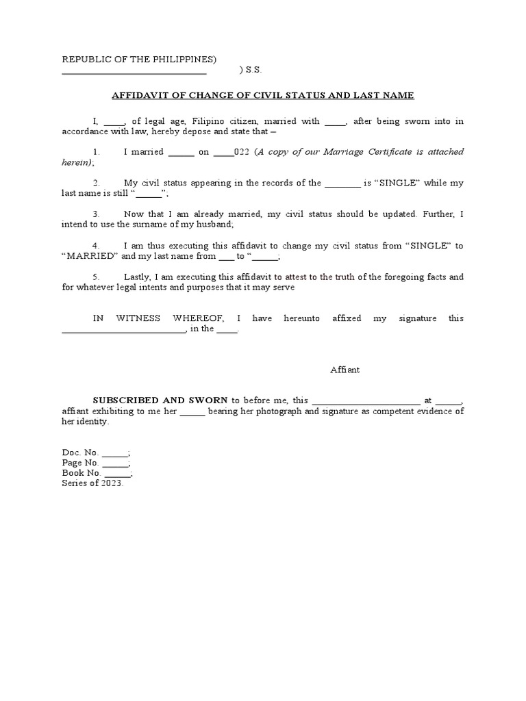 Affidavit of Change of Civil Status and Last Name - Sample | PDF
