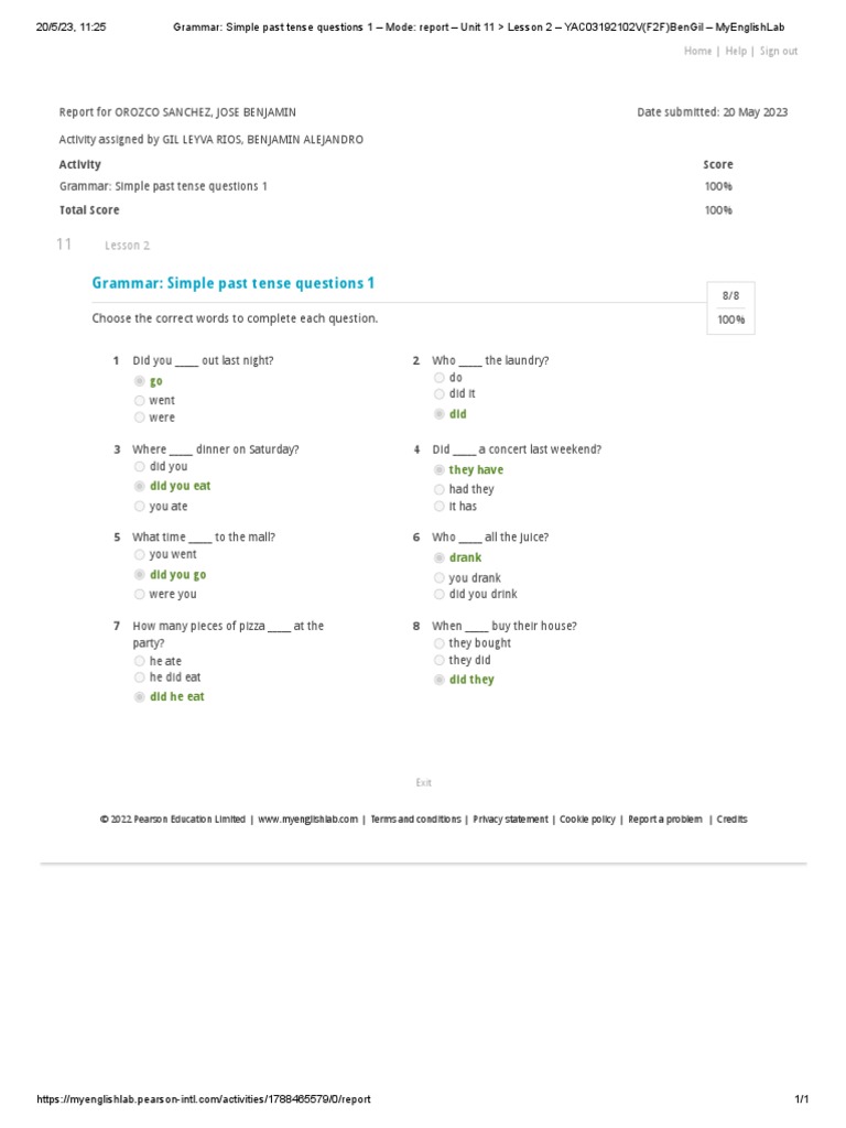 Grammar - Simple Past Tense Questions 1 - Mode - Report - Unit 11 ...