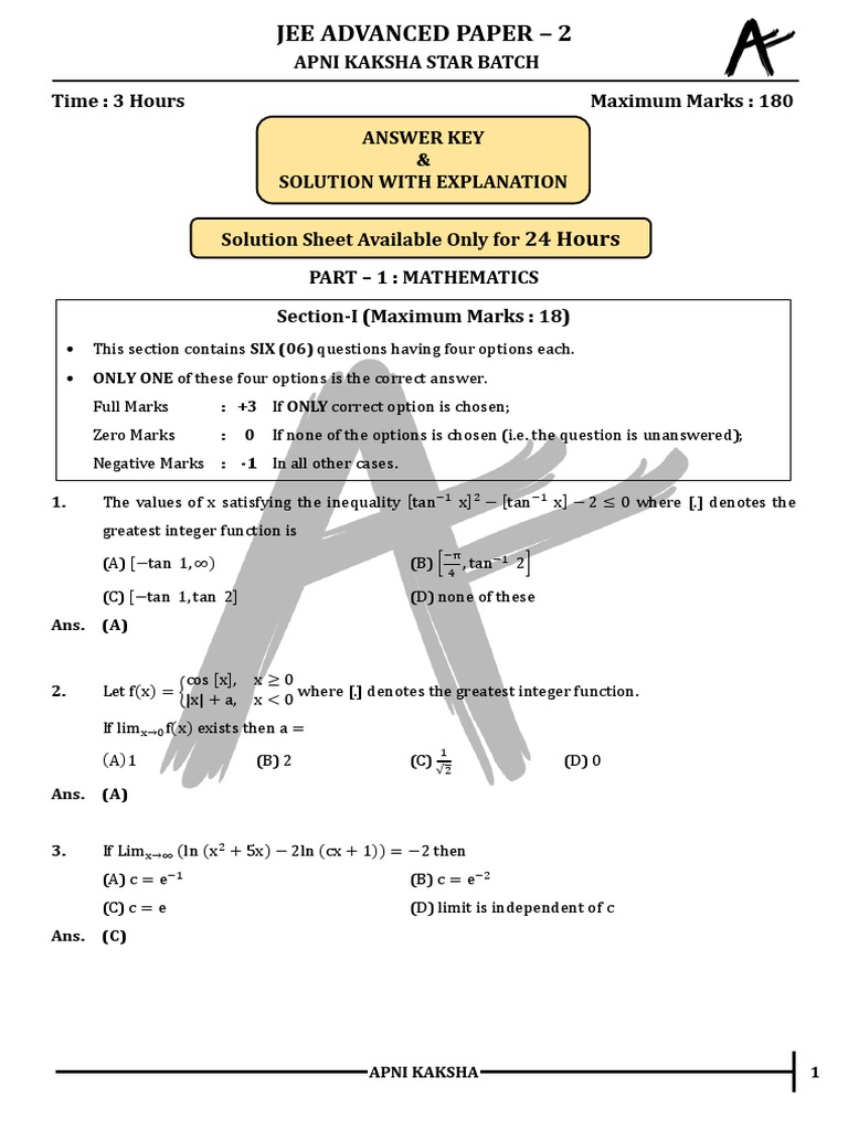 Answer Key & Solution Explanation, JEE Advanced Paper - 2 Star Batch ...