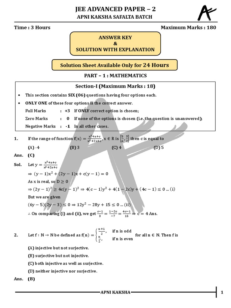Answer Key & Solution Explanation, JEE Advanced Paper - 2 Safalta | PDF ...