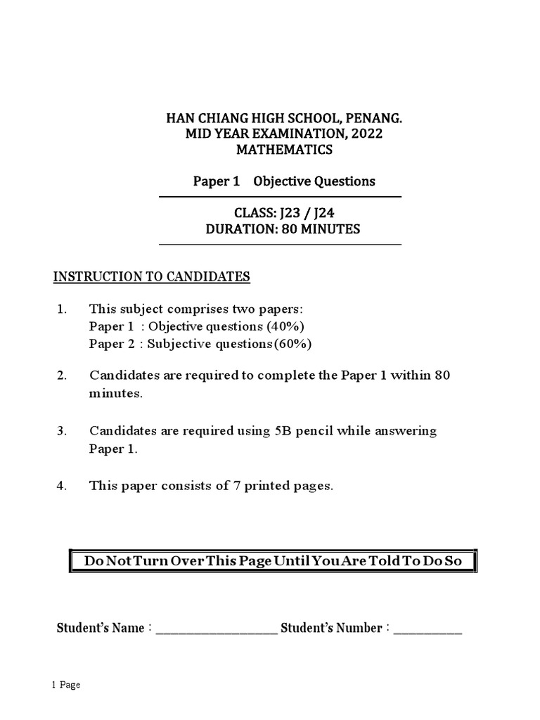 Junior 2 Math Mid Year Exam 2022 P1 - Q | PDF | Speed