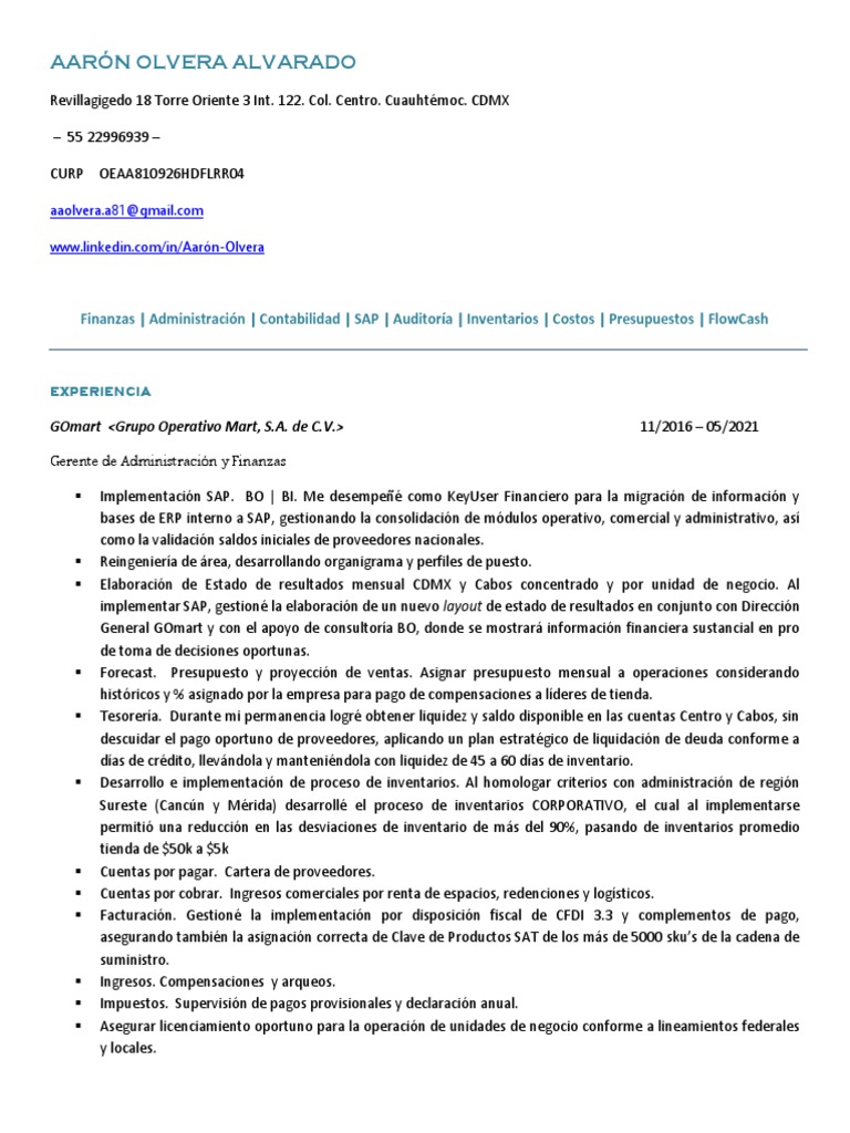 CV Gerente Finanzas y Administracion 1625109081 | PDF