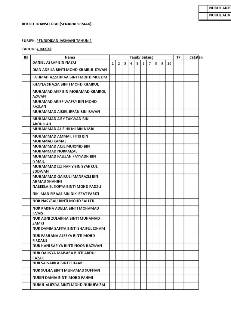 7. REKOD TRANSIT PBD PJ THN 4 (Senarai Semak) | PDF