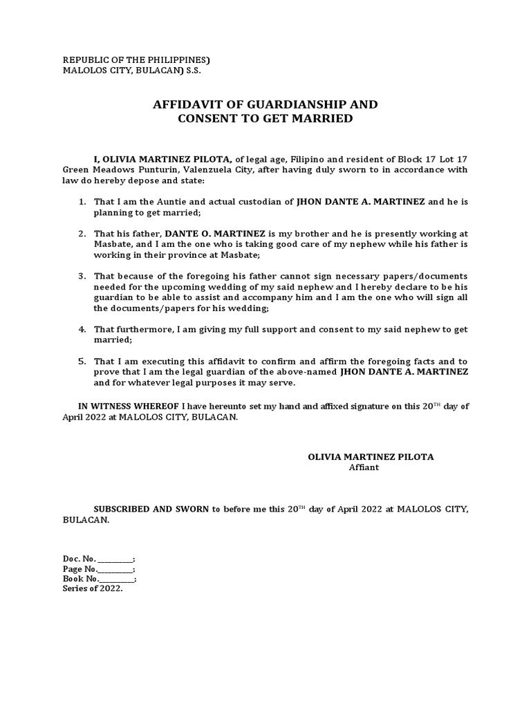 Affidavit of Guardianship for Marriage | PDF