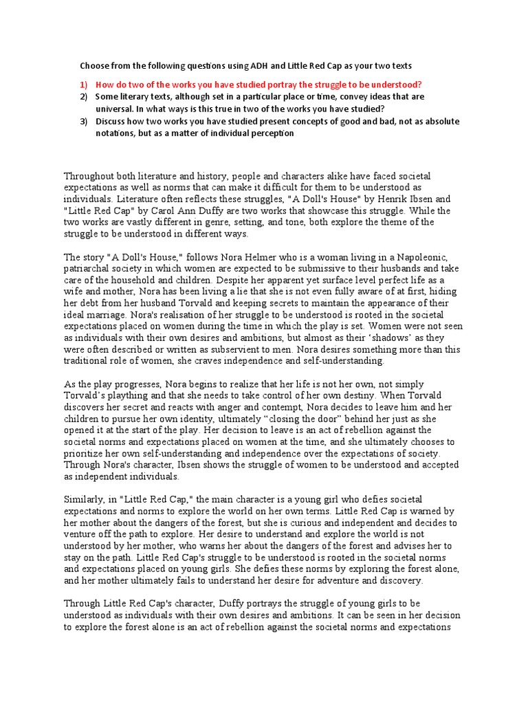 Choose From The Following Questions Using ADH and Little Red Cap As ...