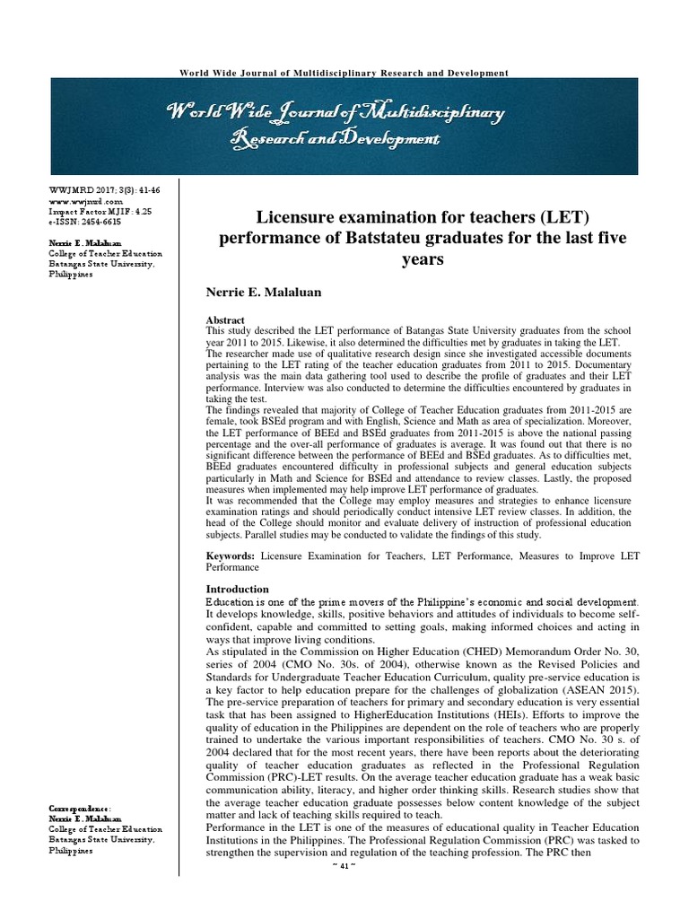 Licensure Examination For Teachers (LET) Performance of Batstateu ...