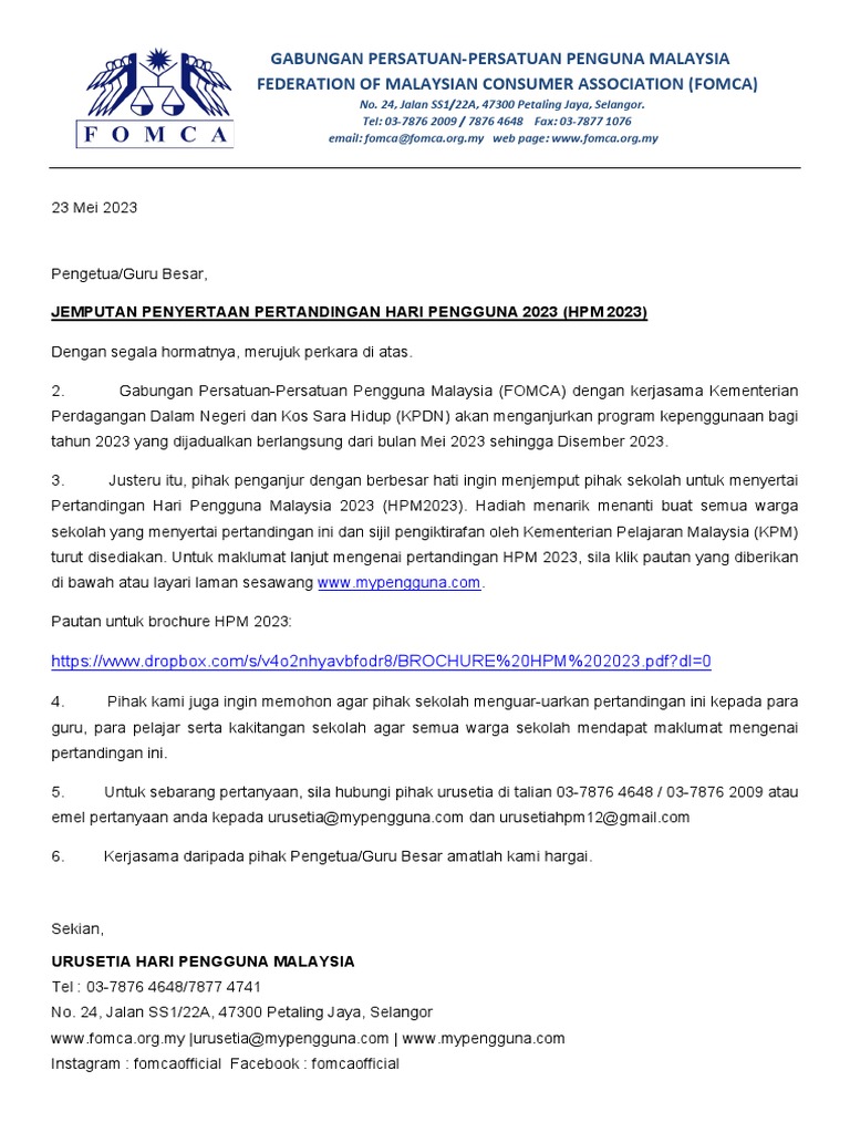 Surat Jemputan Penyertaan Pertandingan Hari Pengguna 2023 (HPM 2023) - Sekolah | PDF